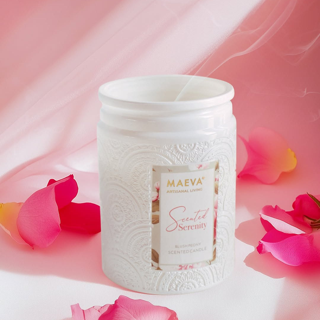 Buy Scented Serenity Embossed Glass Jar Candle Online | The Maeva Store